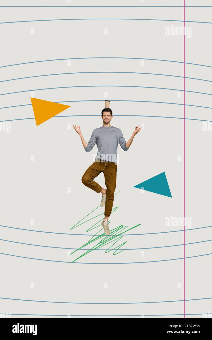 Collage picture image of concentrated man with cup on head balancing ...