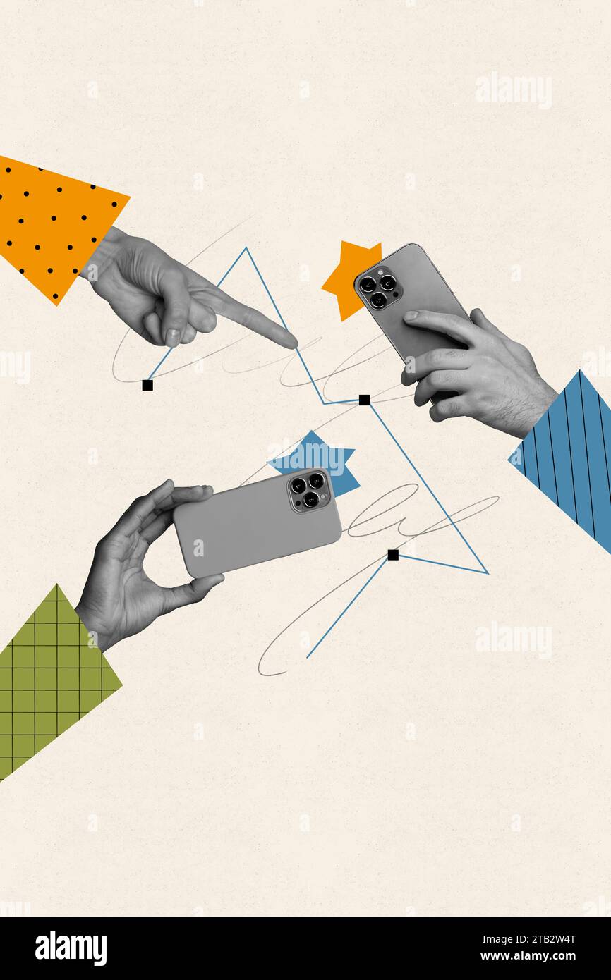 Vertical creative photo collage of three hands gesture pointing holding ...