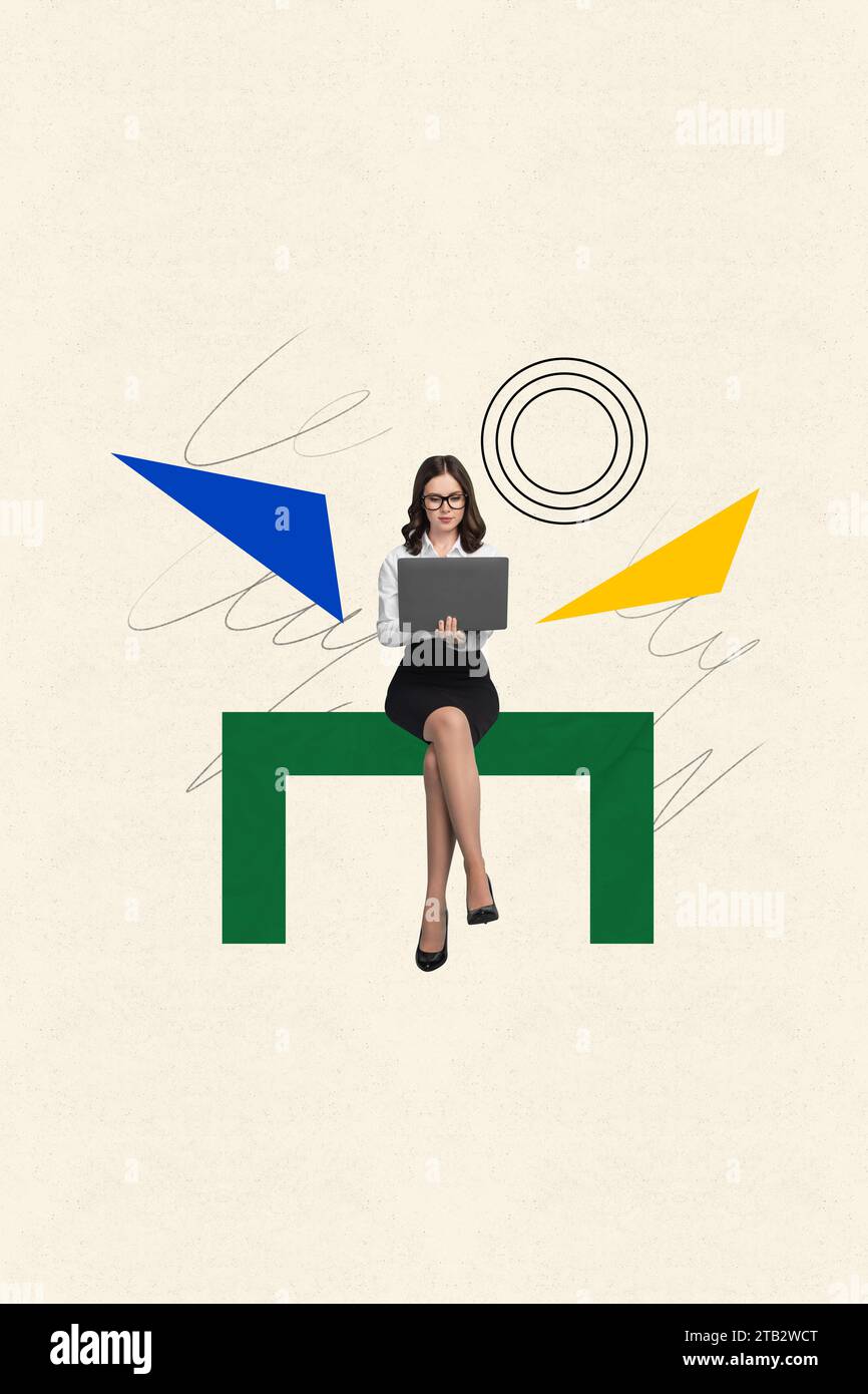 Vertical minimal creative photo collage of young busy worker sitting on ...