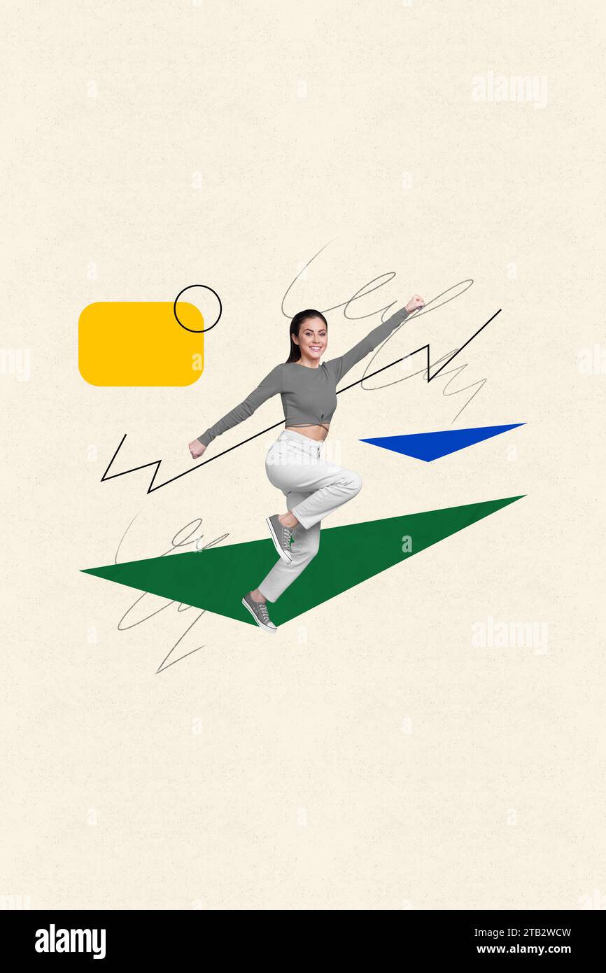 Vertical funny creative photo collage of young woman fly run with ...
