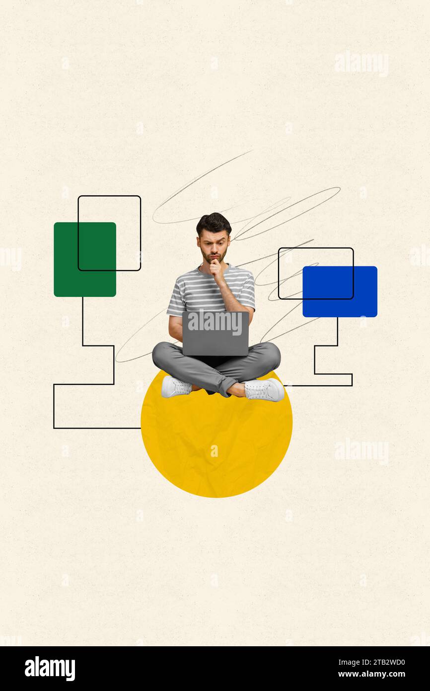 Vertical collage illustration picture sitting thoughtful young guy ...