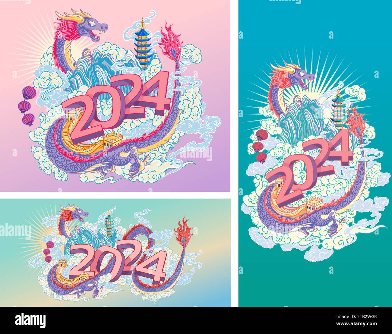 set of 2024 Chinese New Year banners, Year of the Dragon, poster design ...