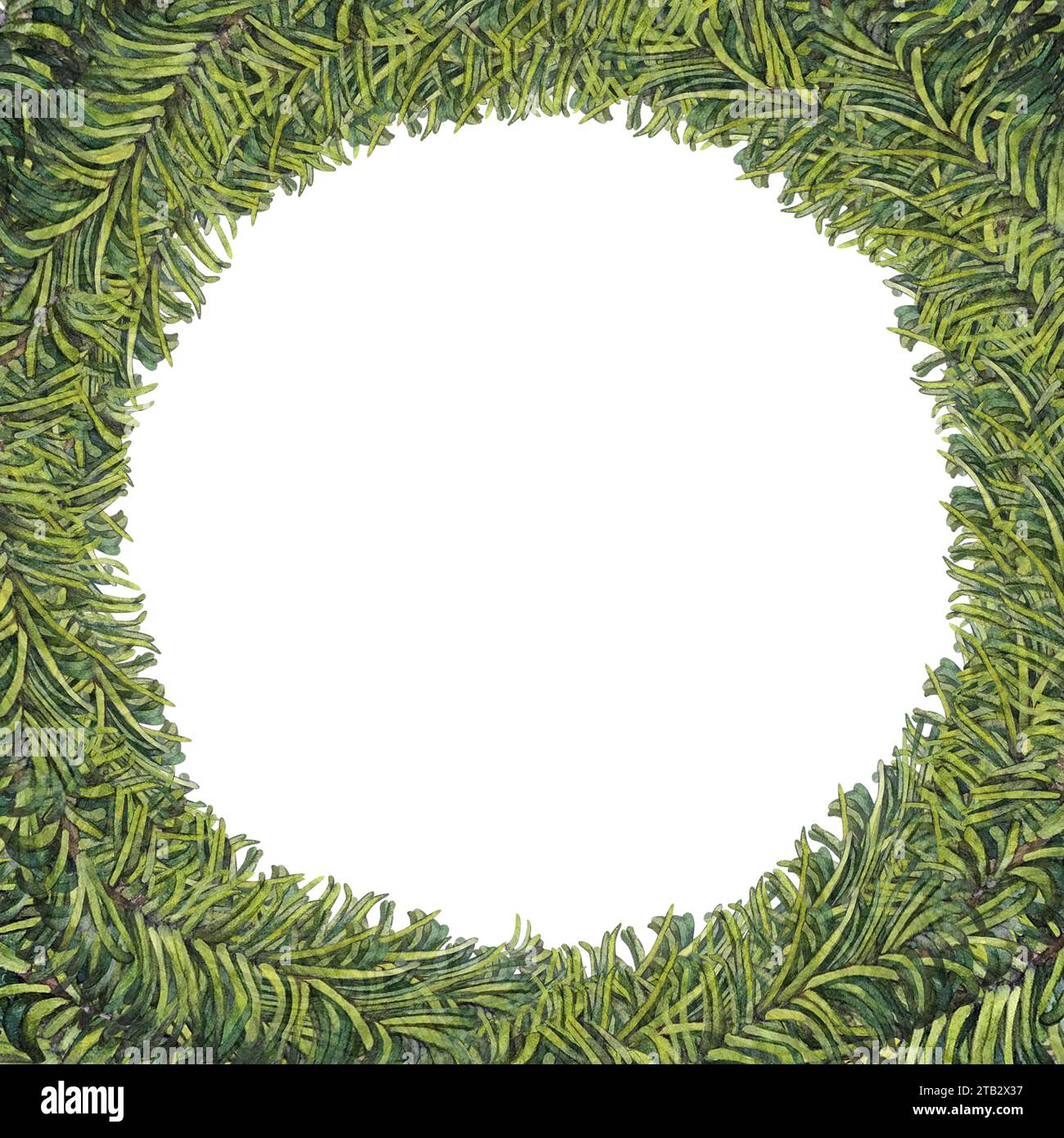 Watercolor Christmas wreath, green round frame of Christmas fir ...
