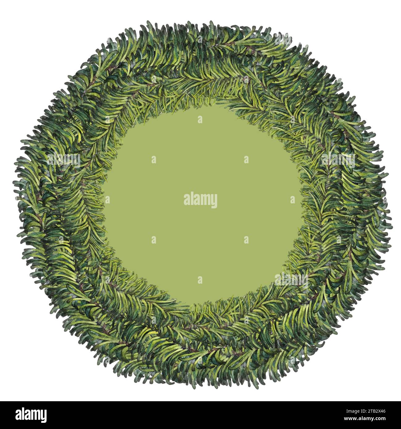 Watercolor Christmas wreath, green round frame of Christmas fir ...