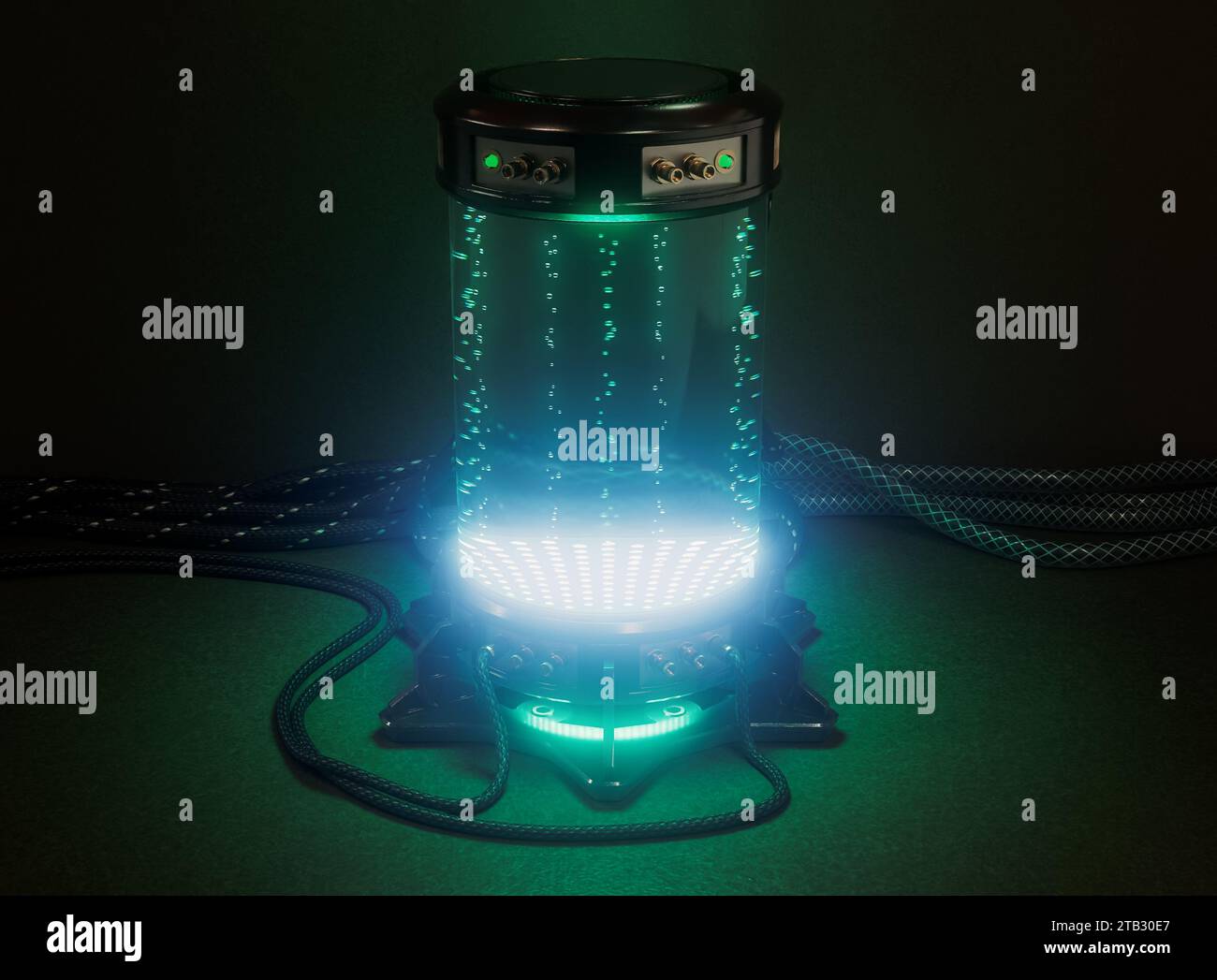 A dark futuristic concept science lab cryogenic test tube machine ...