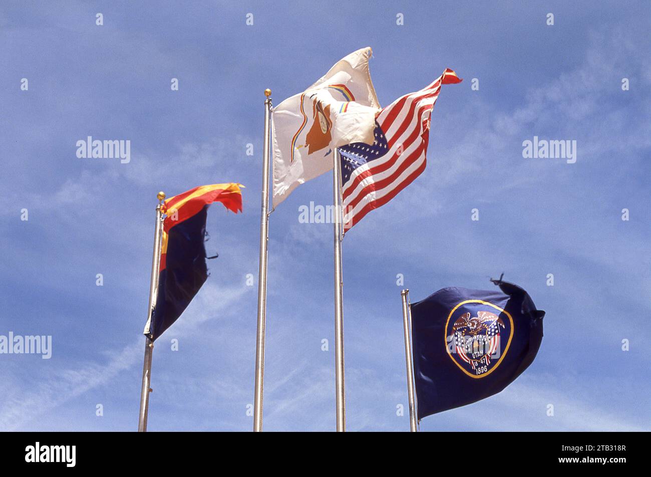 Arizona, Navajo Nation United States and Utah flags flying at four ...