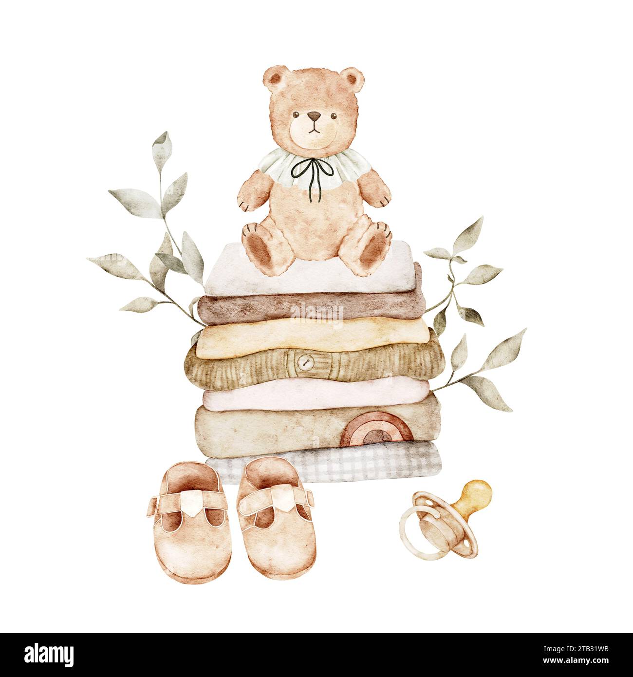 Teddy bear, stack of clothes, baby shoes, pacifier and twigs ...