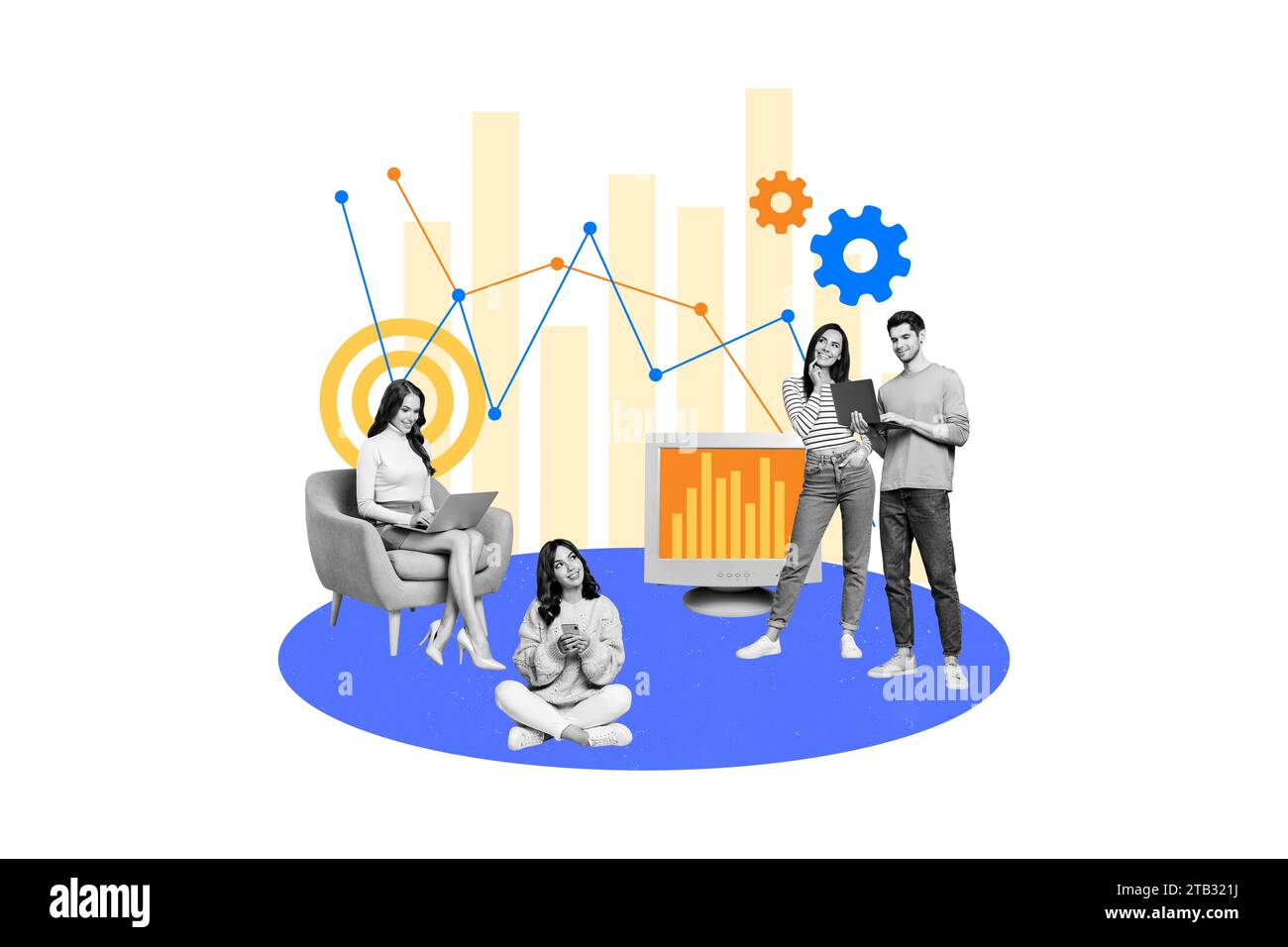 Collage picture illustration three women man work together statistics ...