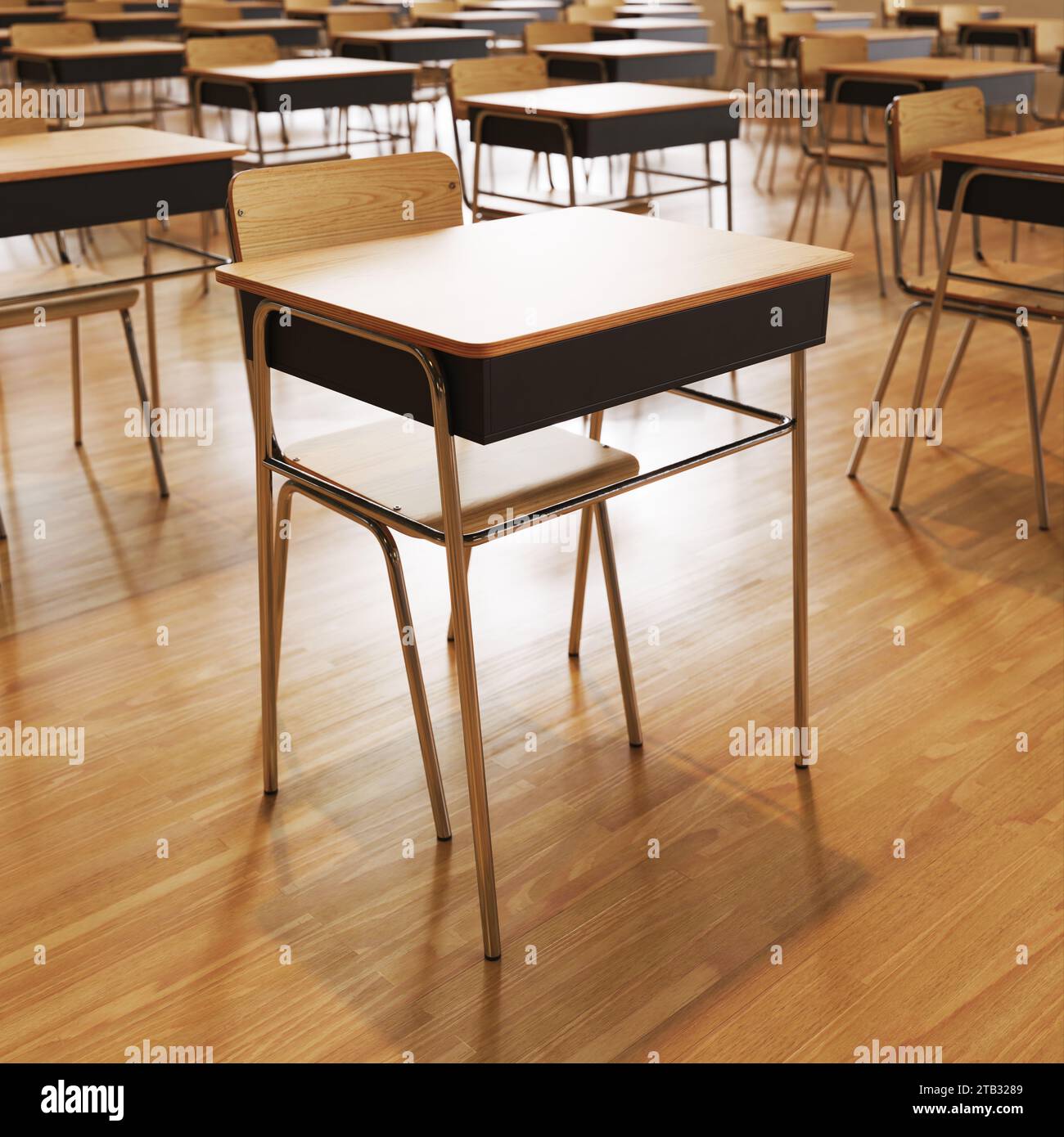 Modern Empty Classroom with Wooden Furniture and Sunlight Stock Photo ...