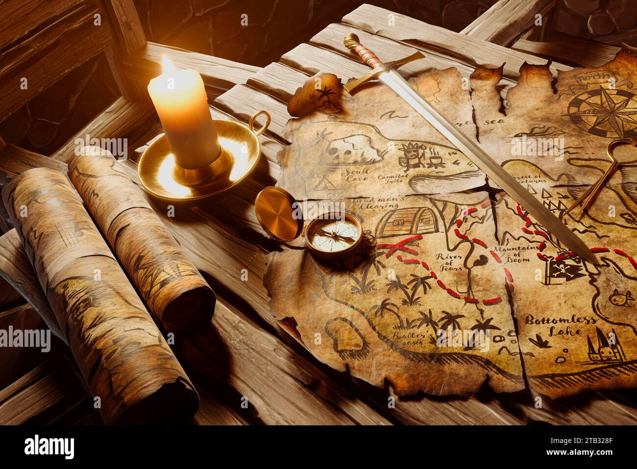 Enigmatic Ancient Pirate Treasure Map with Navigational Tools on Wood ...