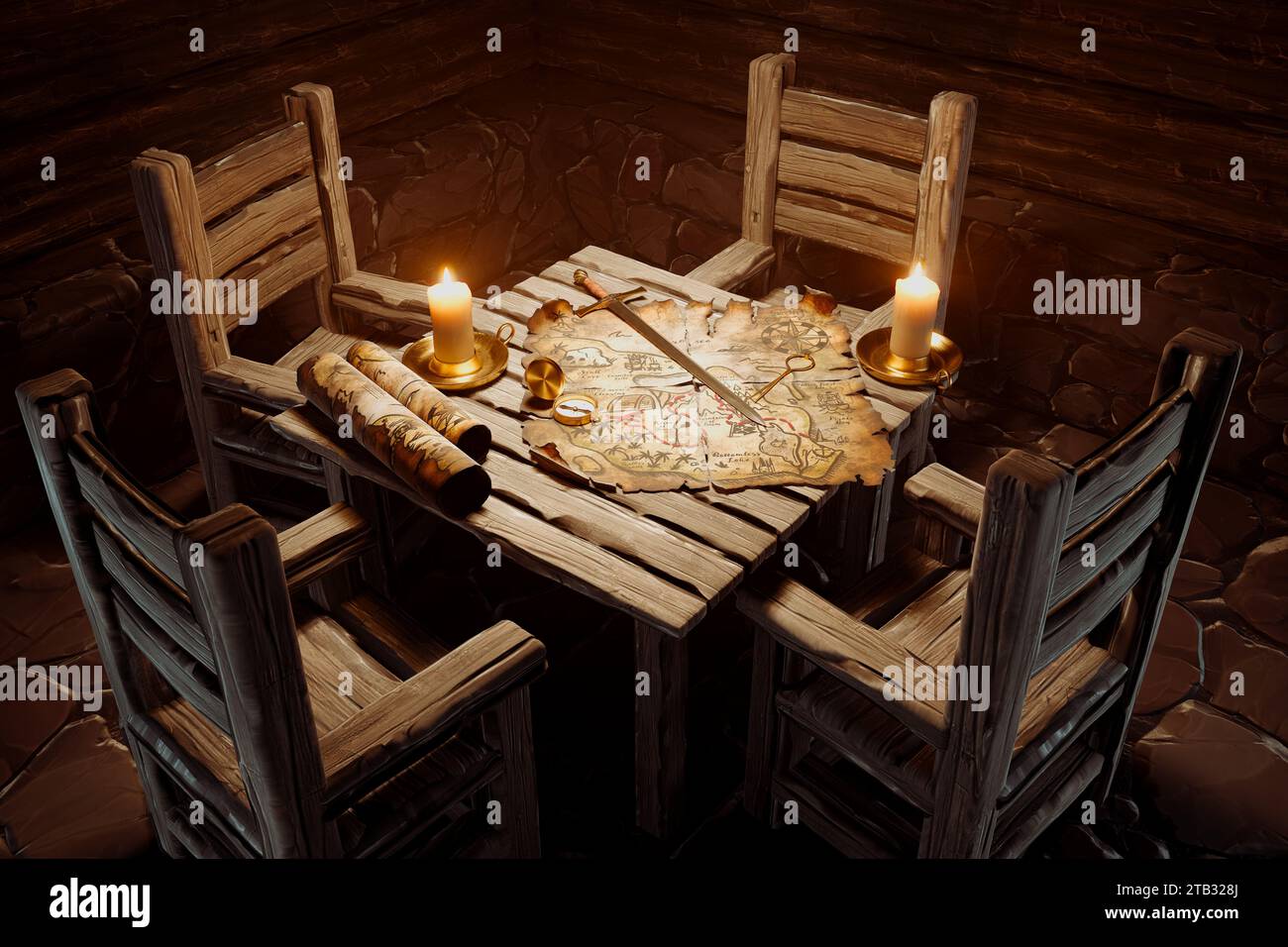 Vintage Cartography: Treasure Map, Compass, Quill Candles on Wood Stock ...