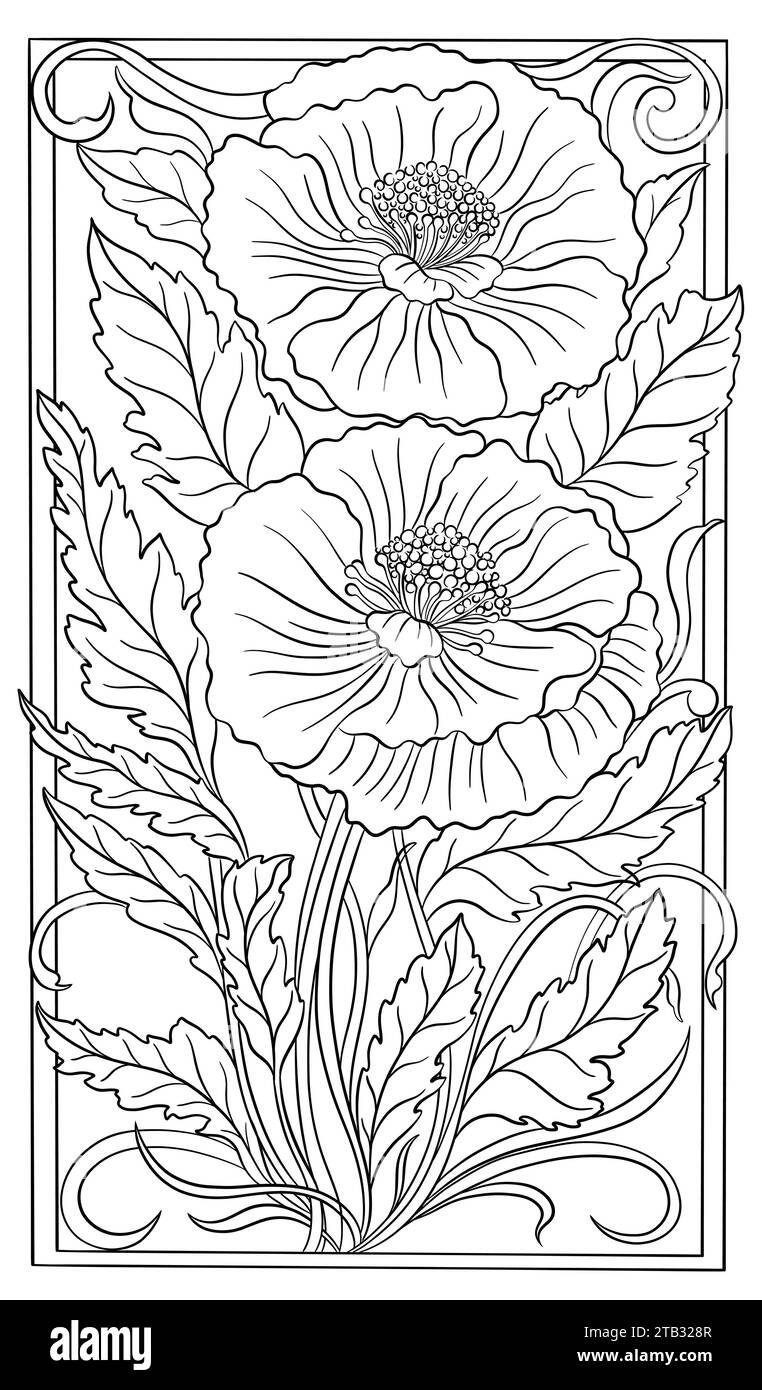 Floral poppy plant in art nouveau 1920-1930. Hand drawn with weaves of ...