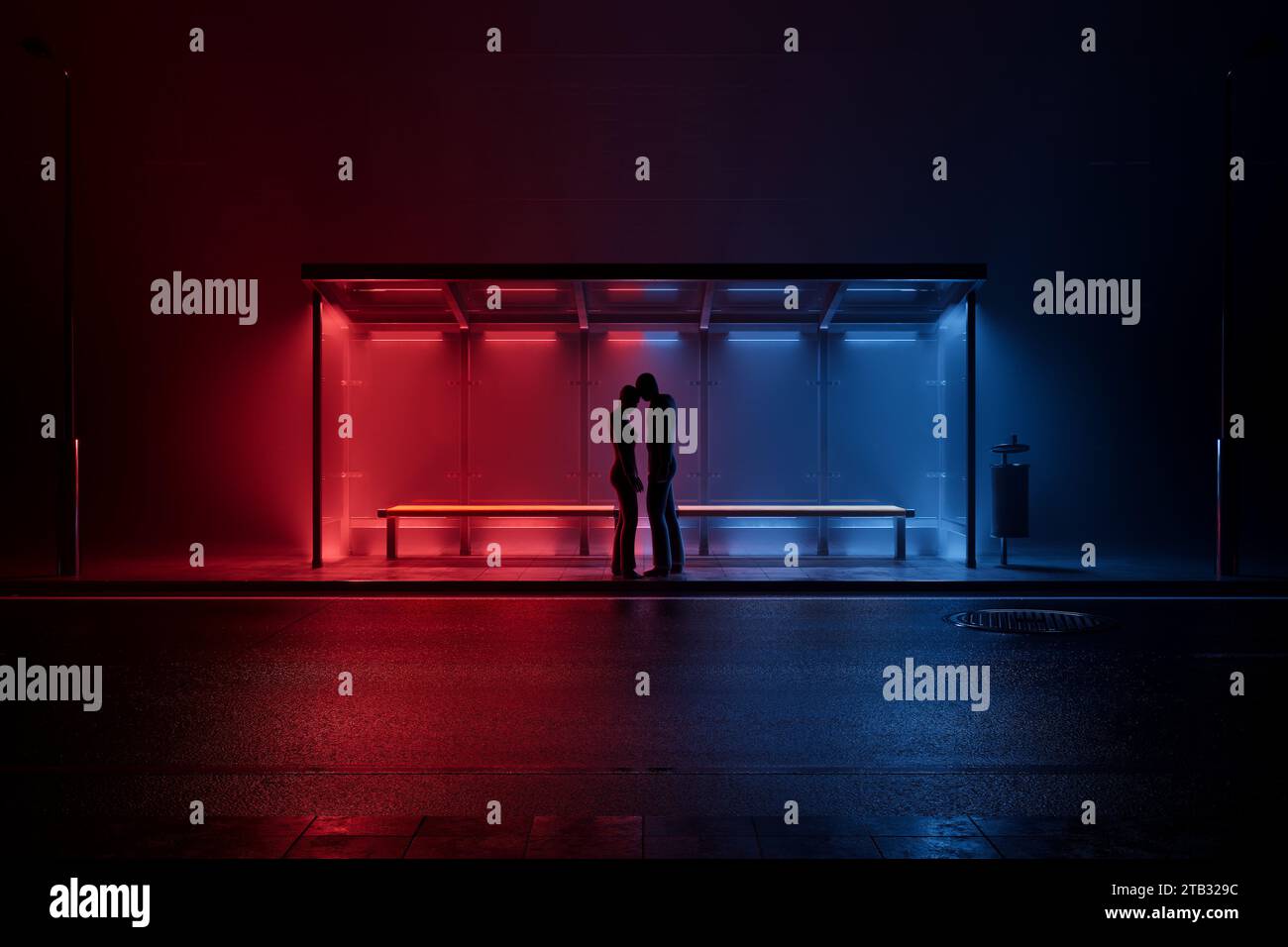 Intimate Moment: Couple Embracing Under Vibrant Neon Lights at Night ...