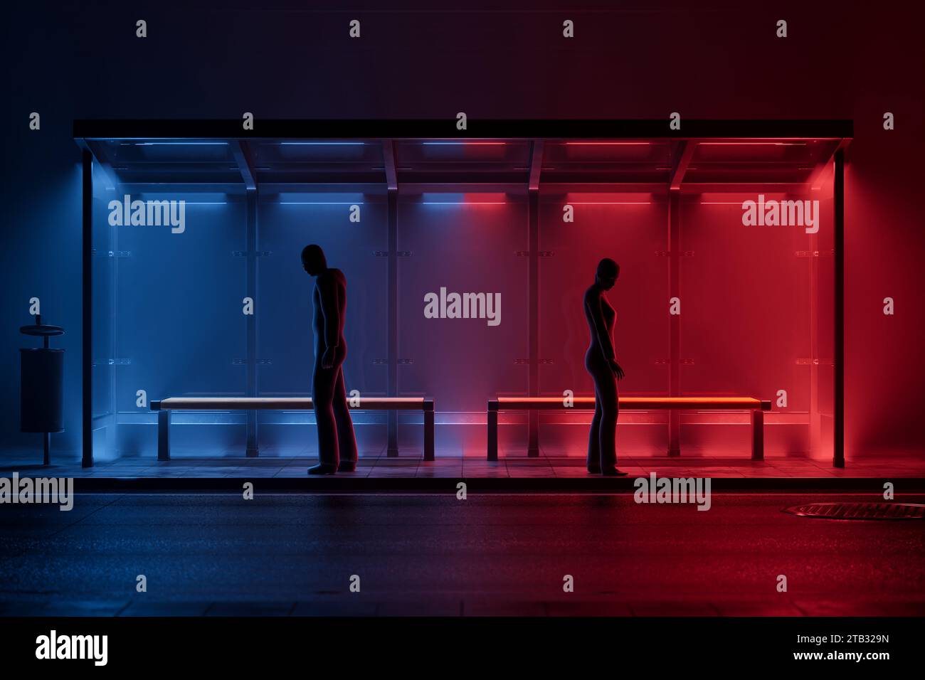 Silhouetted Bus Stop Under Neon Glow at Night: Urban Solitude Stock ...