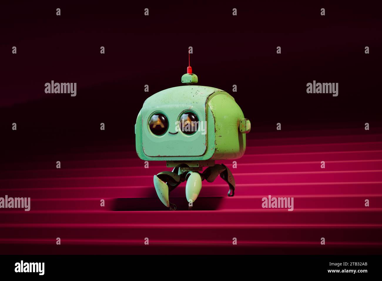 Vintage Robot Toy Illuminated on Neon Red Steps Under Ambient Light ...