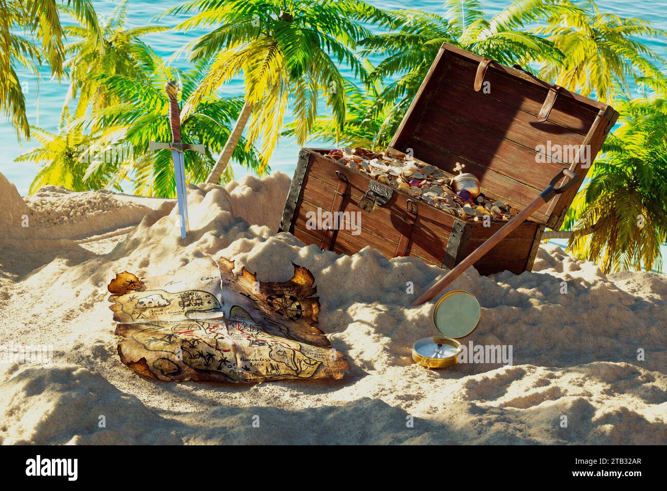 Sun-Kissed Tropical Beach with a Pirate's Treasure Chest and Map Stock ...