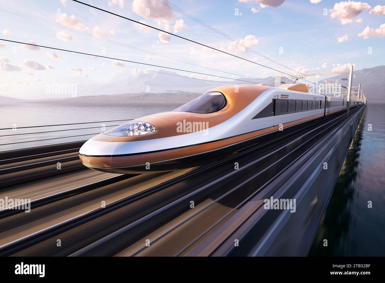 High-Speed Train Gliding Over Coastal Bridge Against Mountainous ...