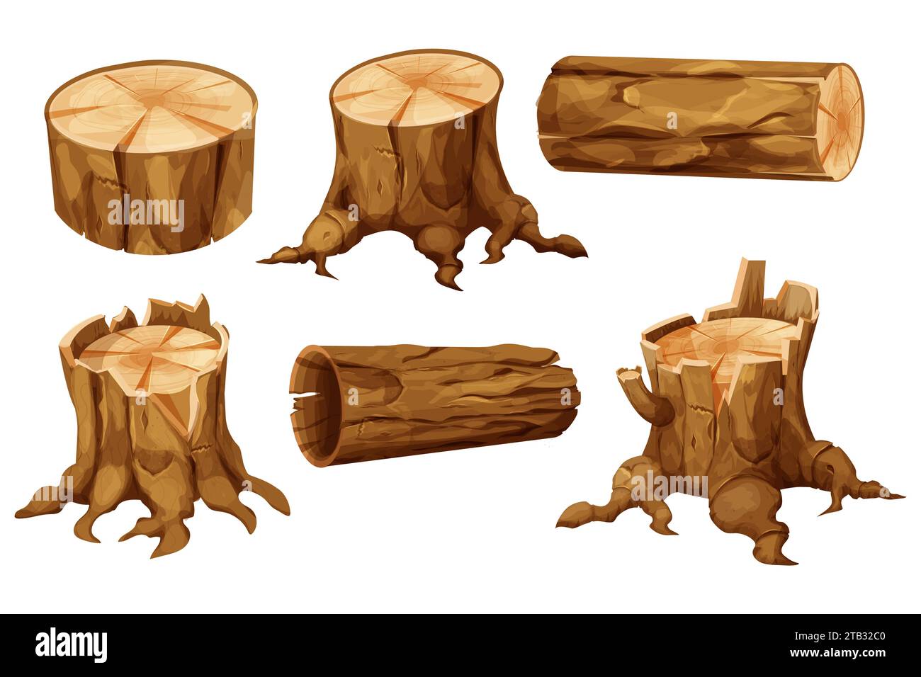 Set Wooden stump forest tree trunk with roots, log, cut section in ...