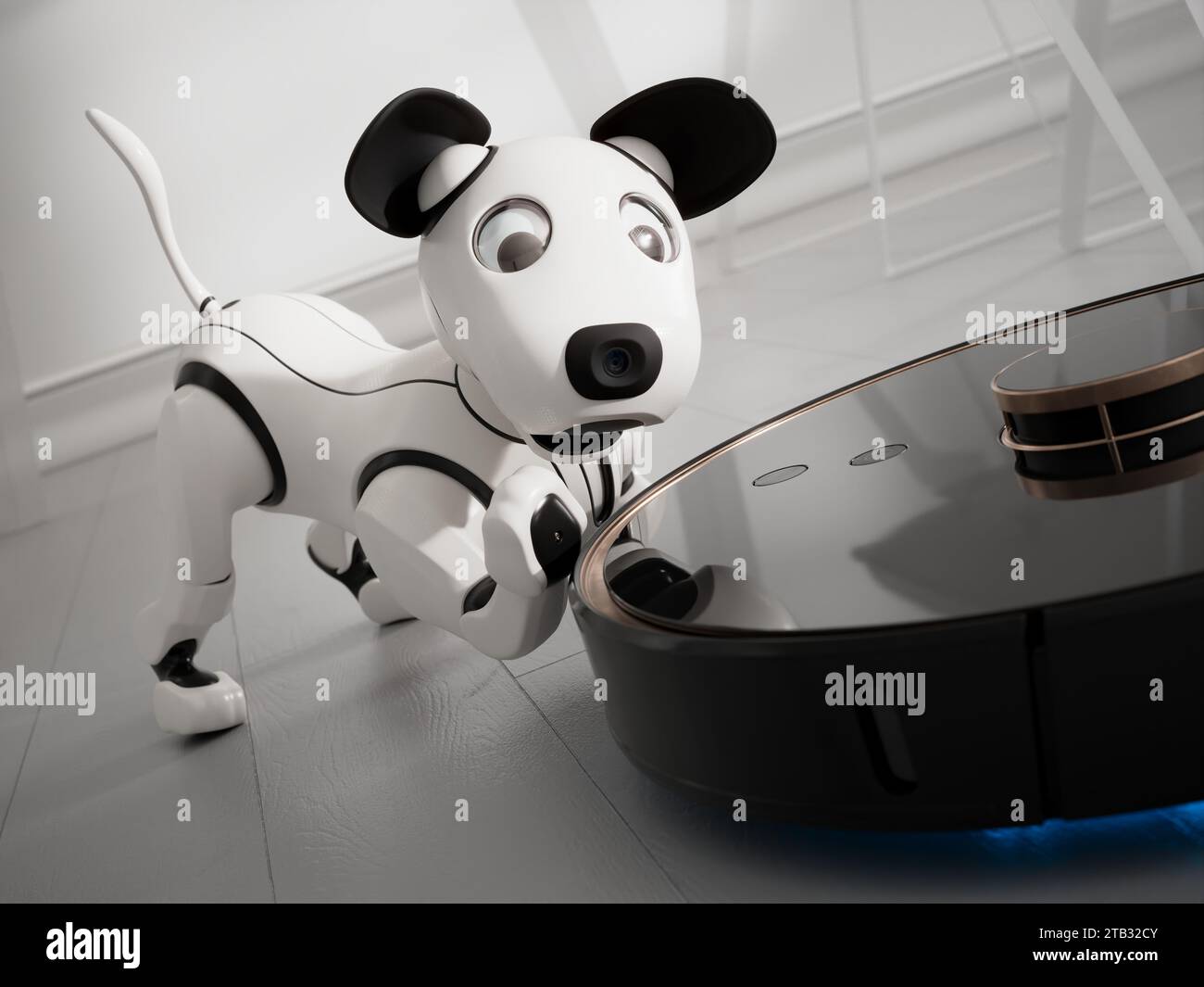 Autonomous Robotic Dog Analyzing a High-Tech Robotic Vacuum on Hardwood ...
