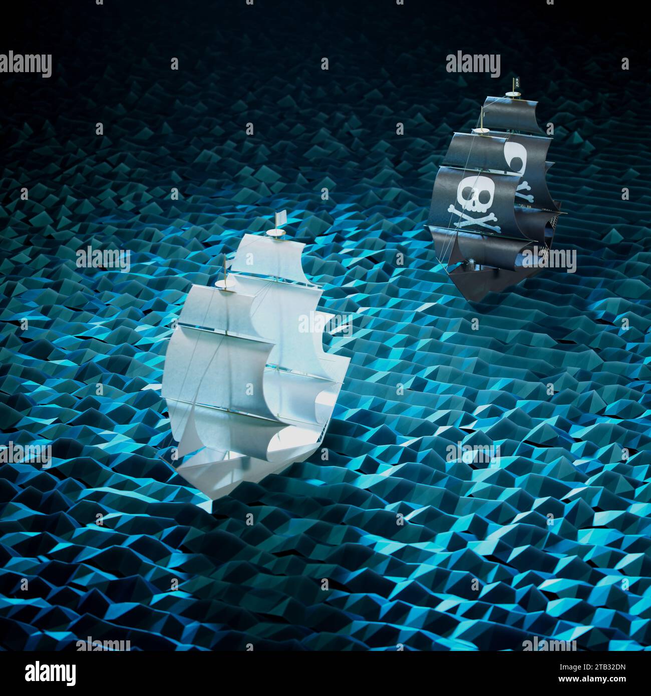 Stylized Paper Boats on Abstract Polygonal Ocean with Pirate Flag Stock ...