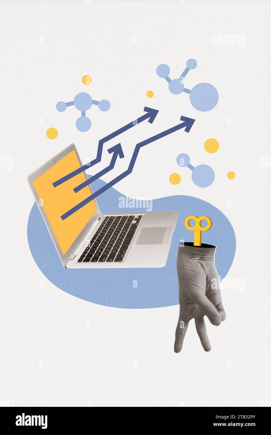 Vertical collage image of netbook display mini graphics charts growing results upwards hand ...