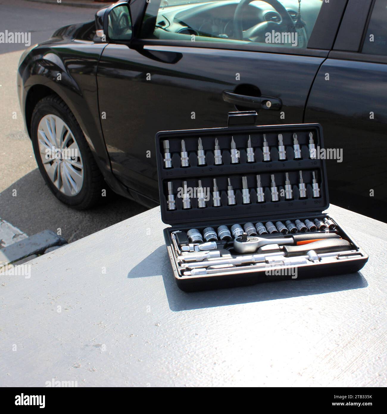 Repairing Tools In Plastic Case On Metal Table Near Car Outdoor Stock ...
