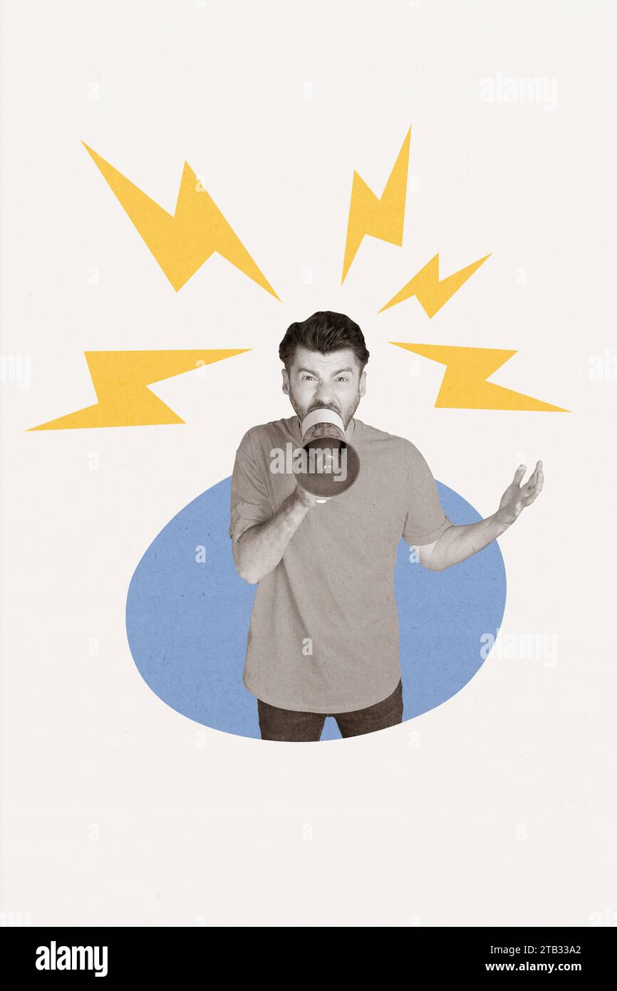 Vertical collage photo of angry funny impressed man bossy talking to ...