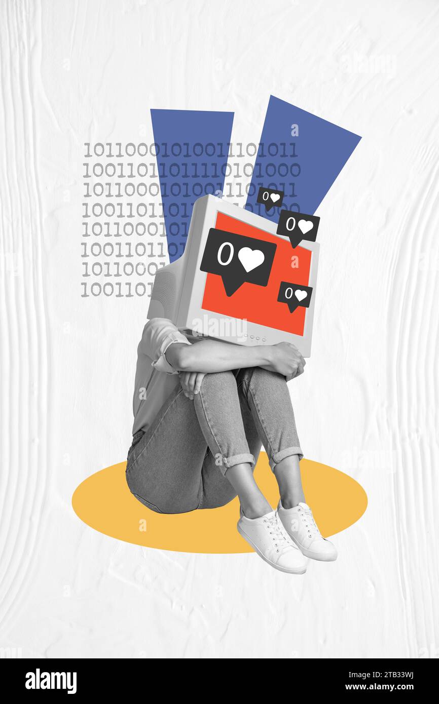 Vertical surreal photo collage of young headless woman with computer ...