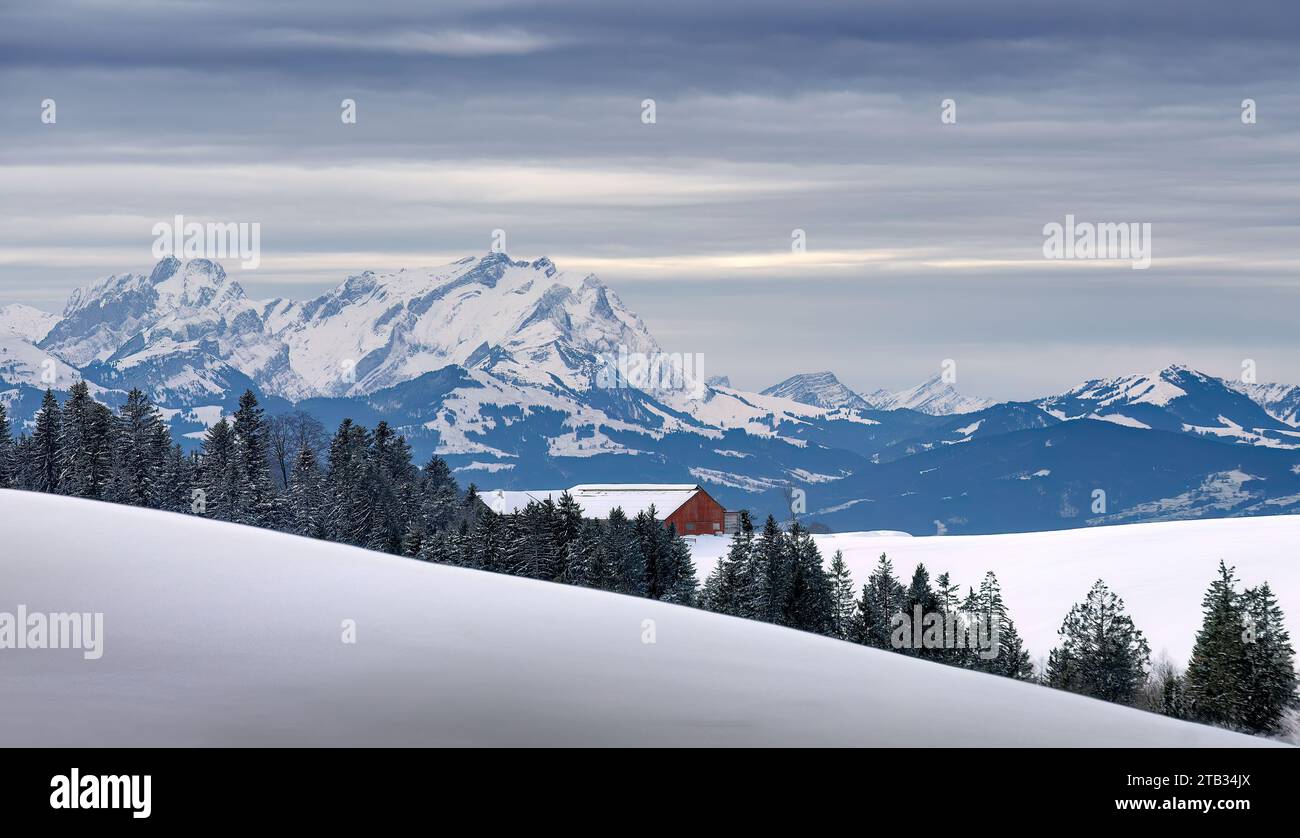 panoramic view over the Bregenz Forest mountains to Mount Saentis in ...