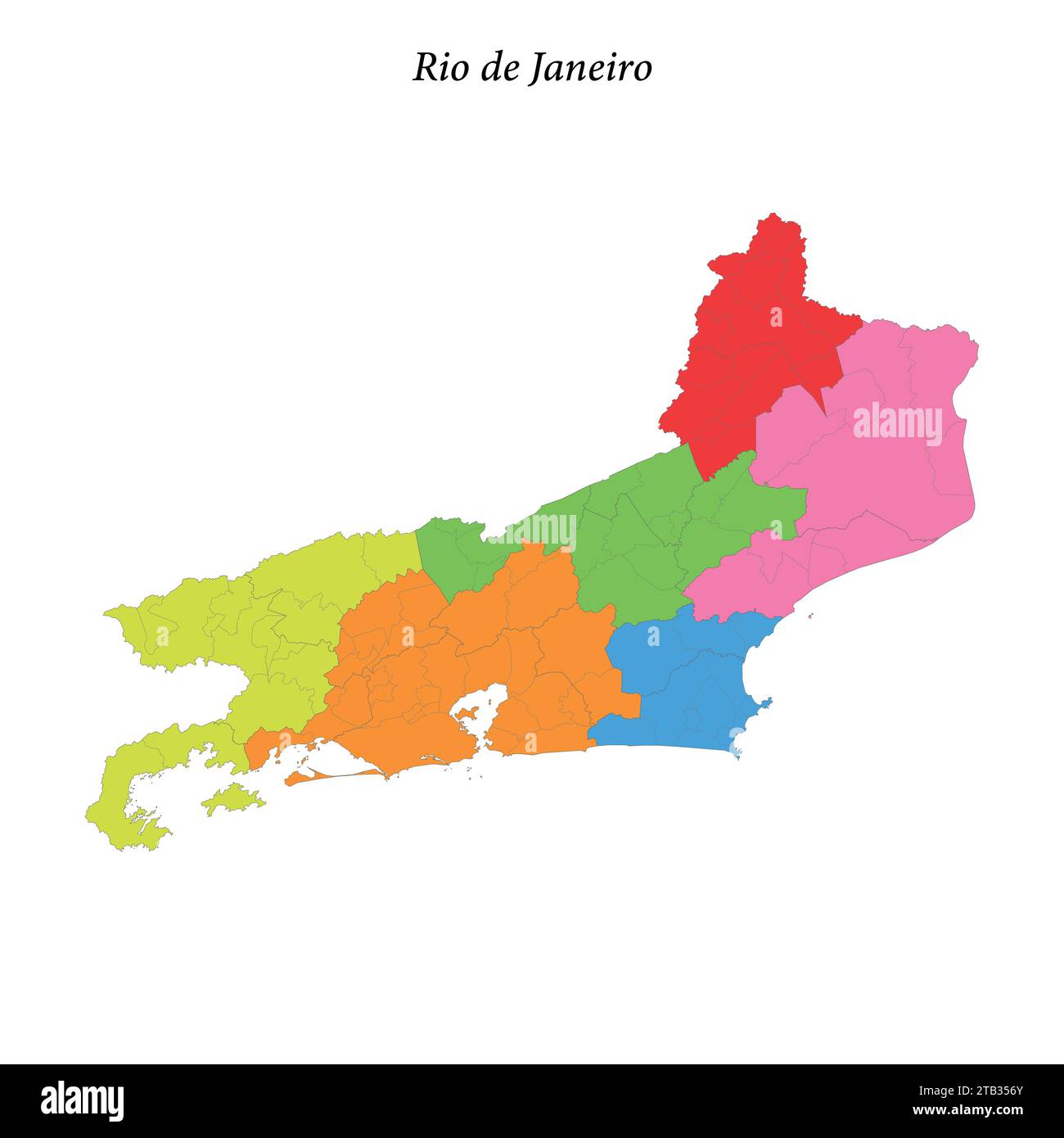 Colored map of Rio de Janeiro, state Brazil, with borders regions and ...