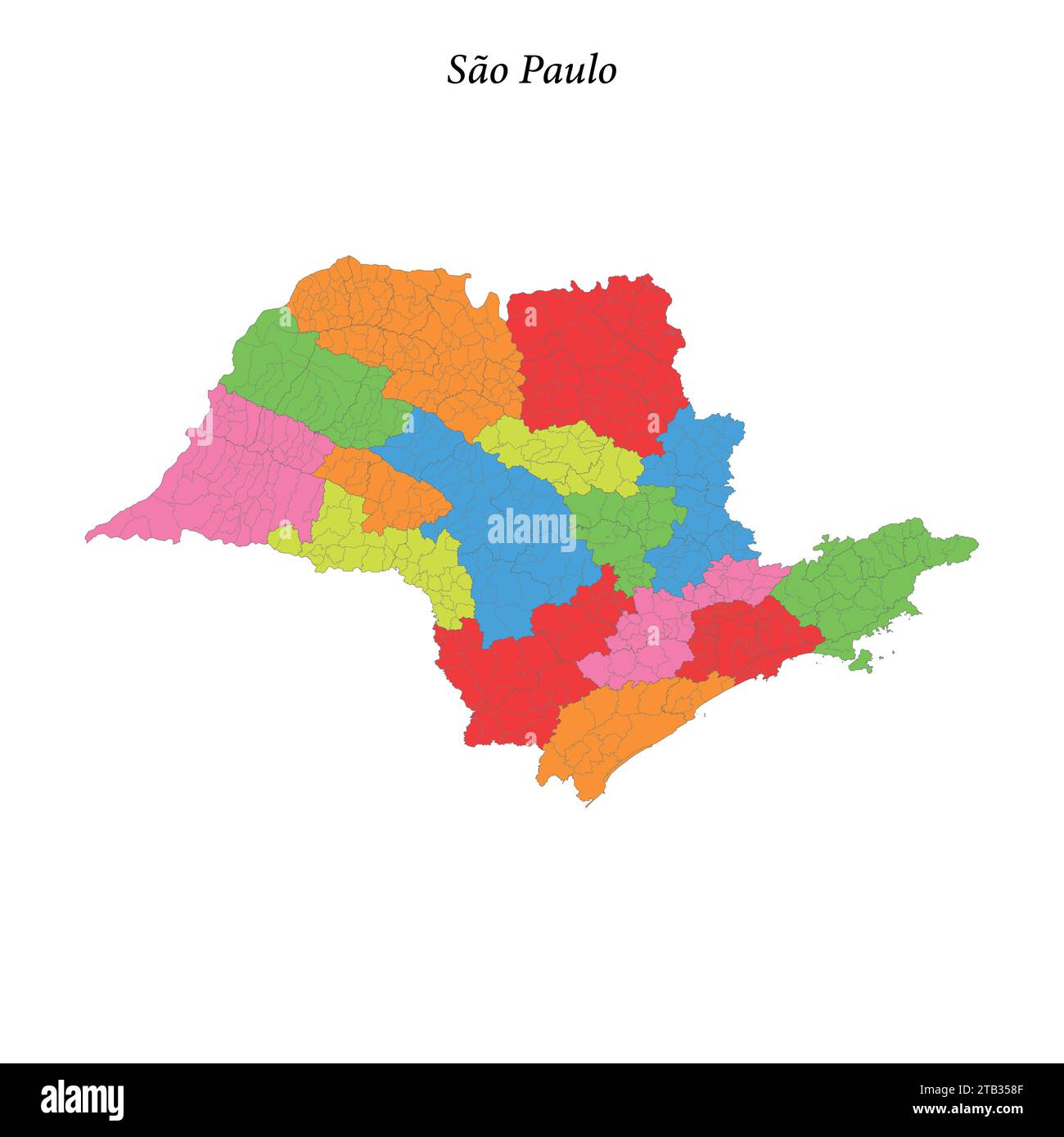 Colored map of São Paulo, state Brazil, with borders regions and ...