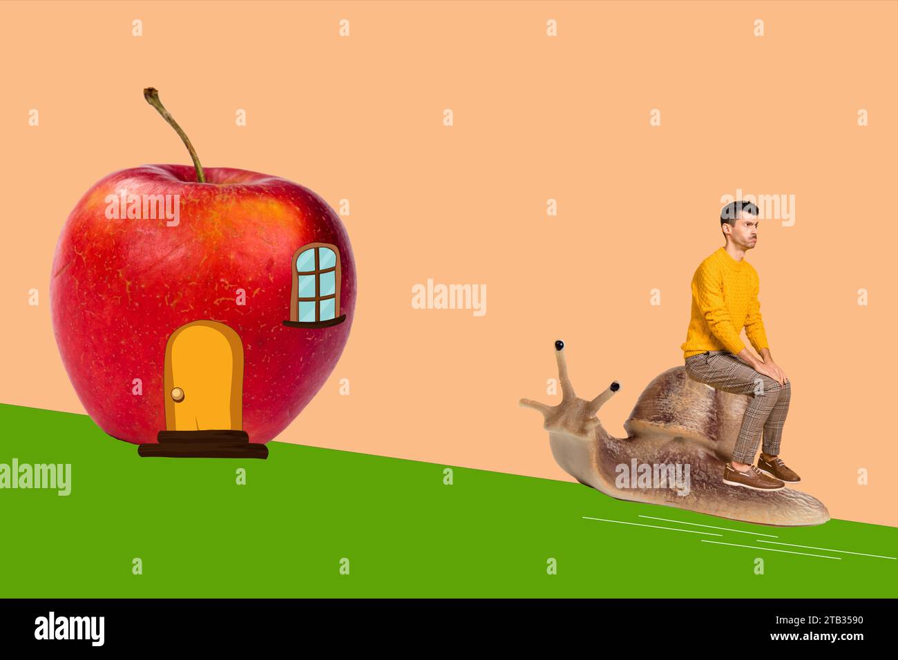 Giant snail collage picture artwork of young upset funny man riding to ...