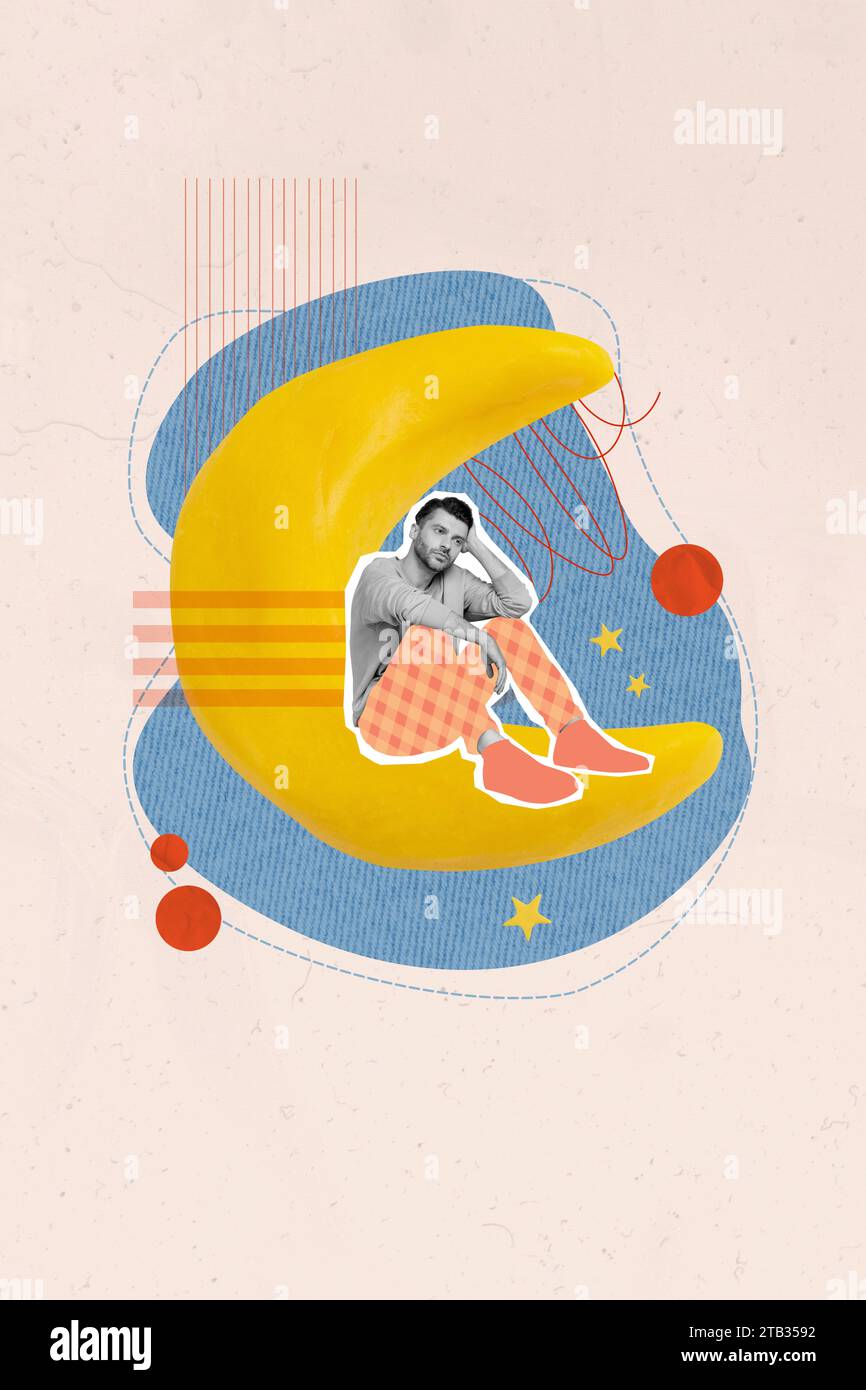 Collage image of dreaming minded young guy wearing pajama sitting on ...