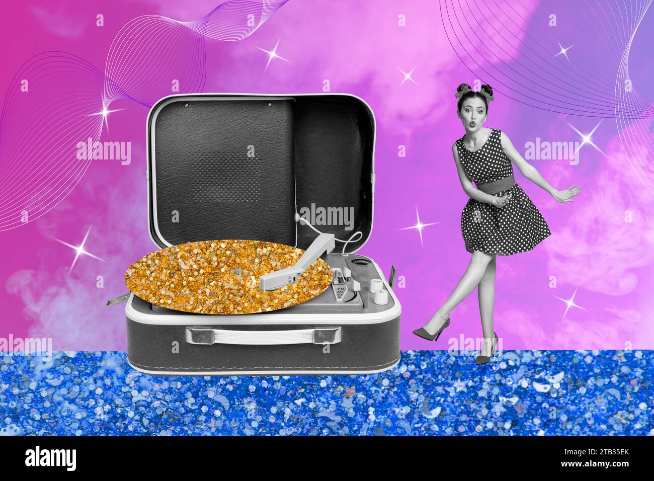 Collage image of positive mini black white effect girl enjoy dancing ...
