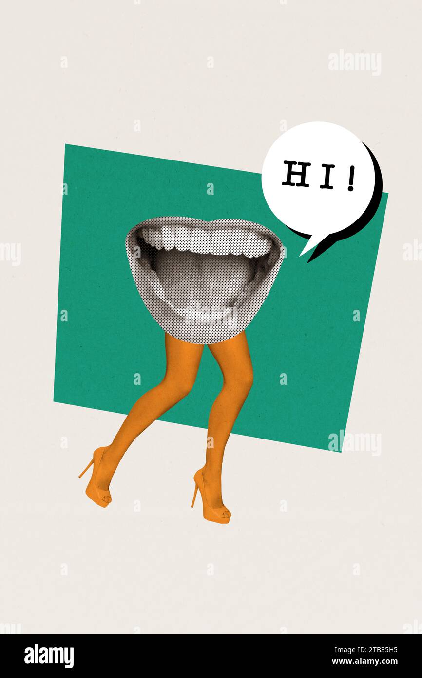 Vertical 3d image collage of weird strange woman saying hi hello ...