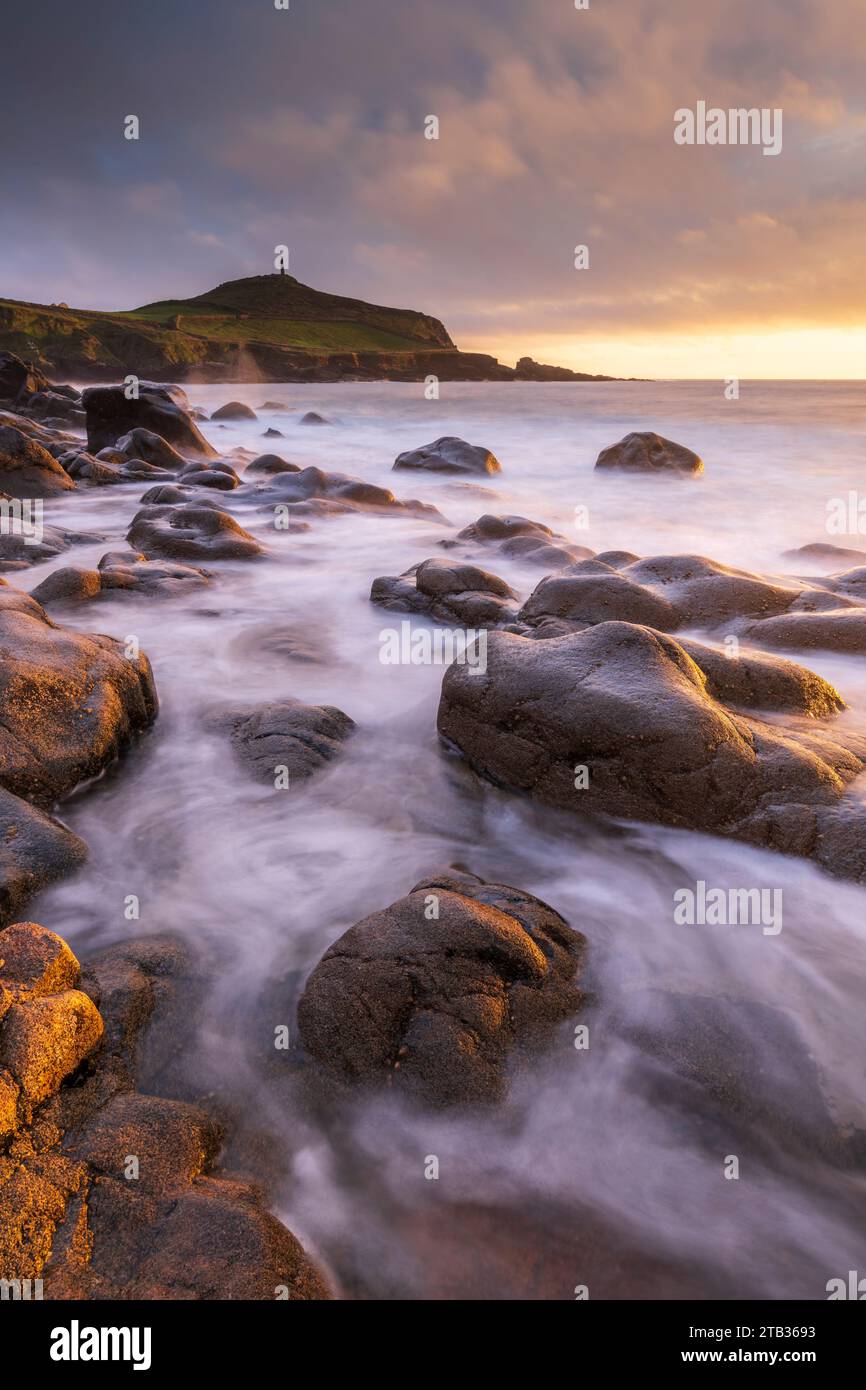 Mining memorial chimney on Cape Cornwall, from Porth Ledden, Cornwall ...