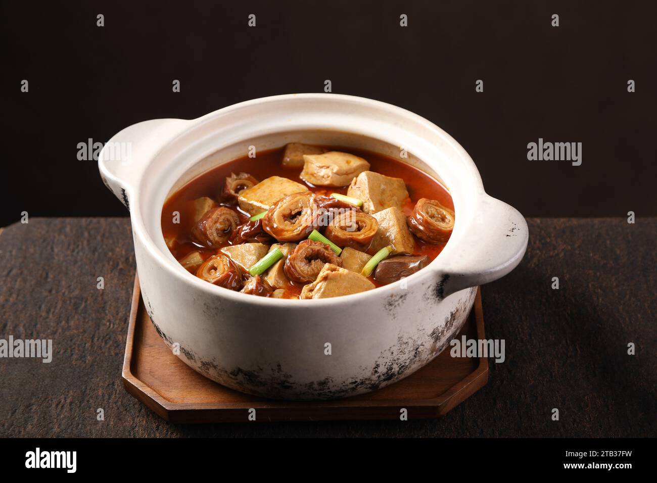 Delicious Chinese food, stir fried pork intestines and tofu in ...