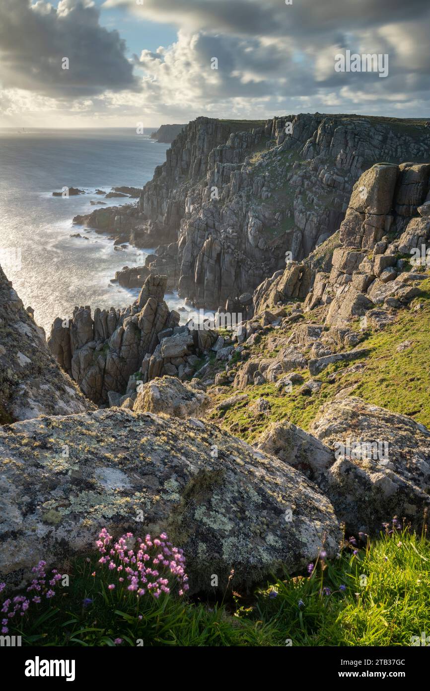 Spectacular granite cliffs at Gwennap Head in Cornwall, England. Spring ...