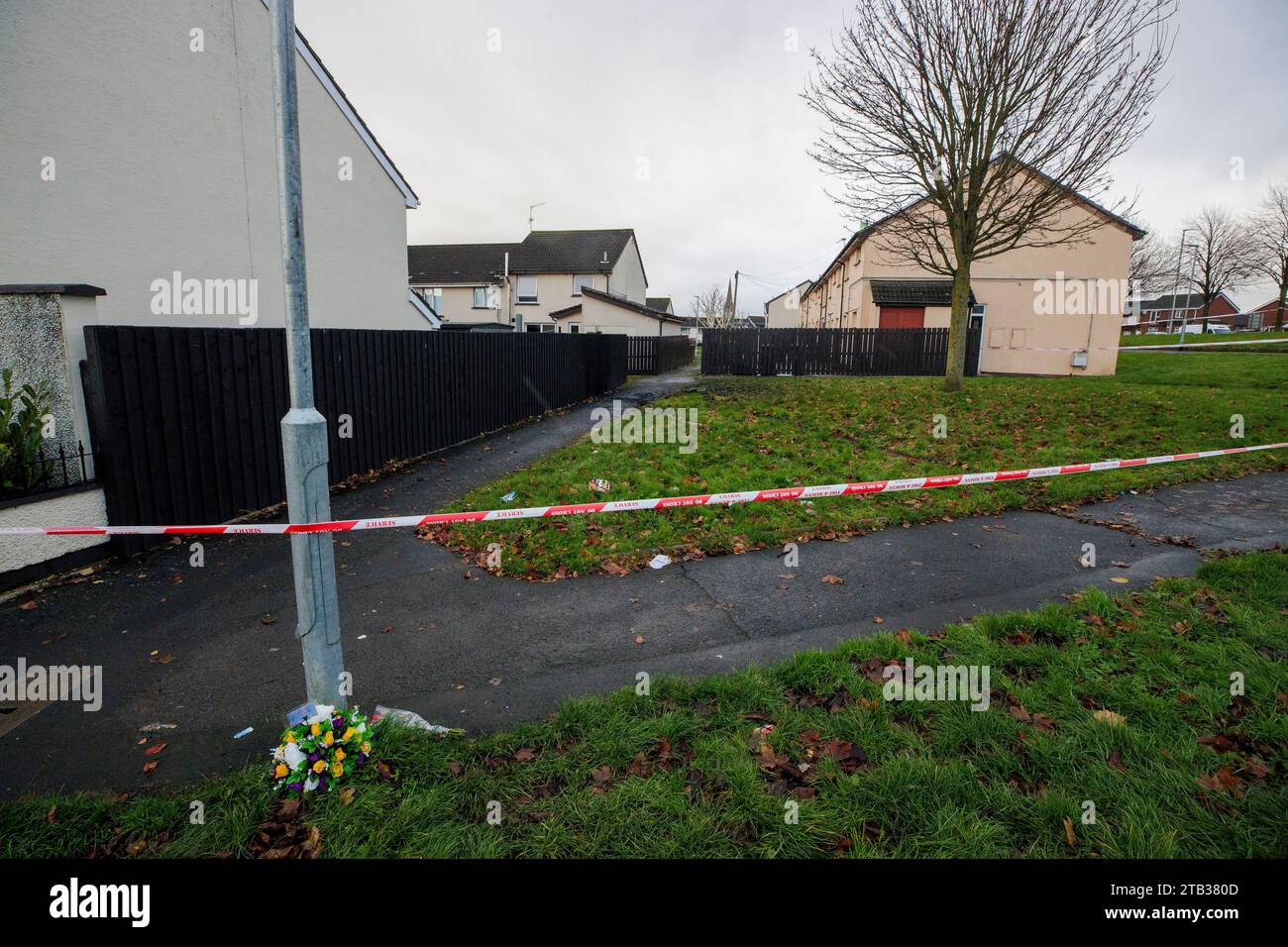 Flowers at a scene in the Edward Street area of Lurgan, Co Armagh, as ...