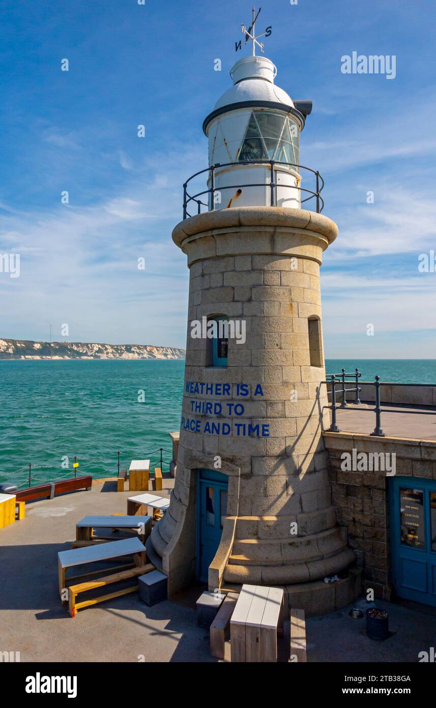 The restored granite lighthouse on the Pier Head at Folkestone Harbour ...