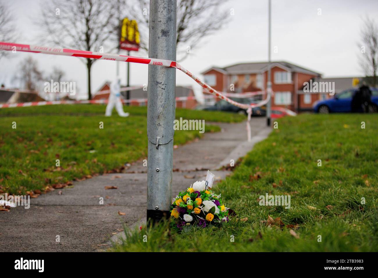 Flowers at the scene in the Edward Street area of Lurgan, Co Armagh, as ...