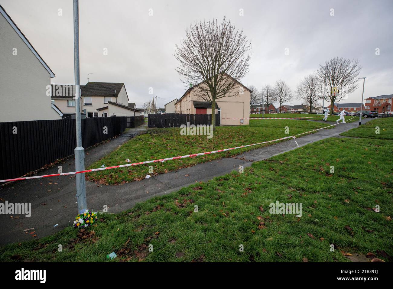 Flowers at a scene in the Edward Street area of Lurgan, Co Armagh, as ...