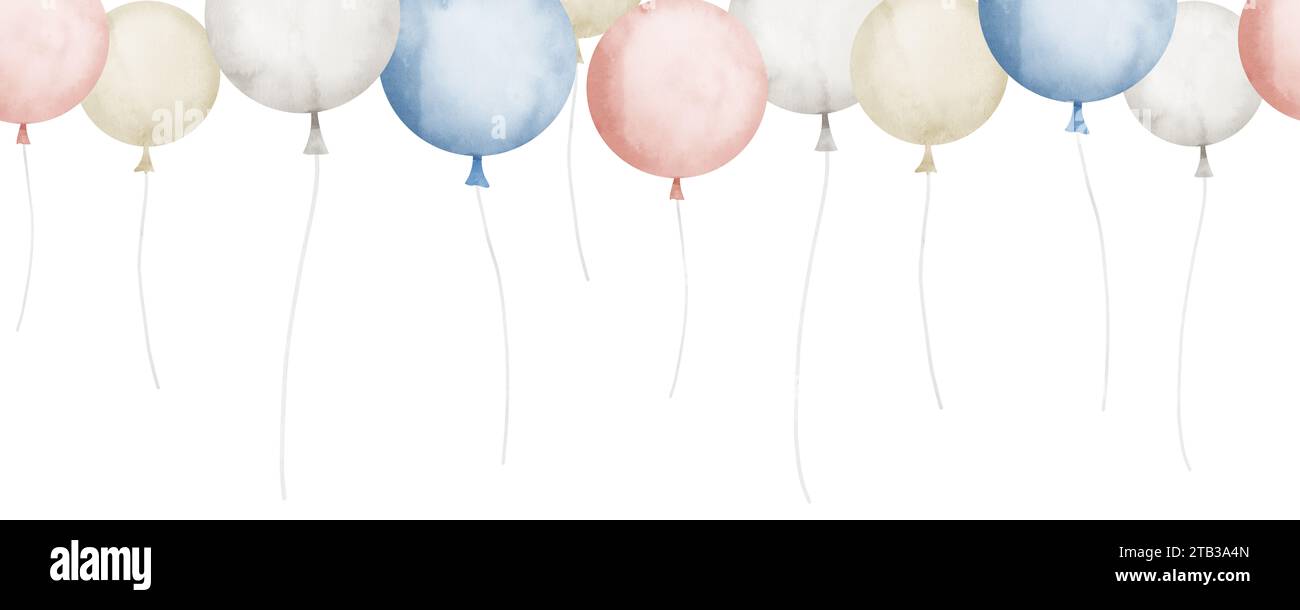 Seamless Border with air Balloons in pastel blue and beige colors. Hand ...