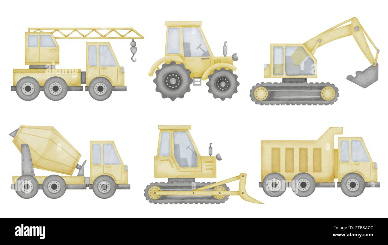 Truck Set Watercolor illustration. Hand drawn clip art of baby toy cars ...