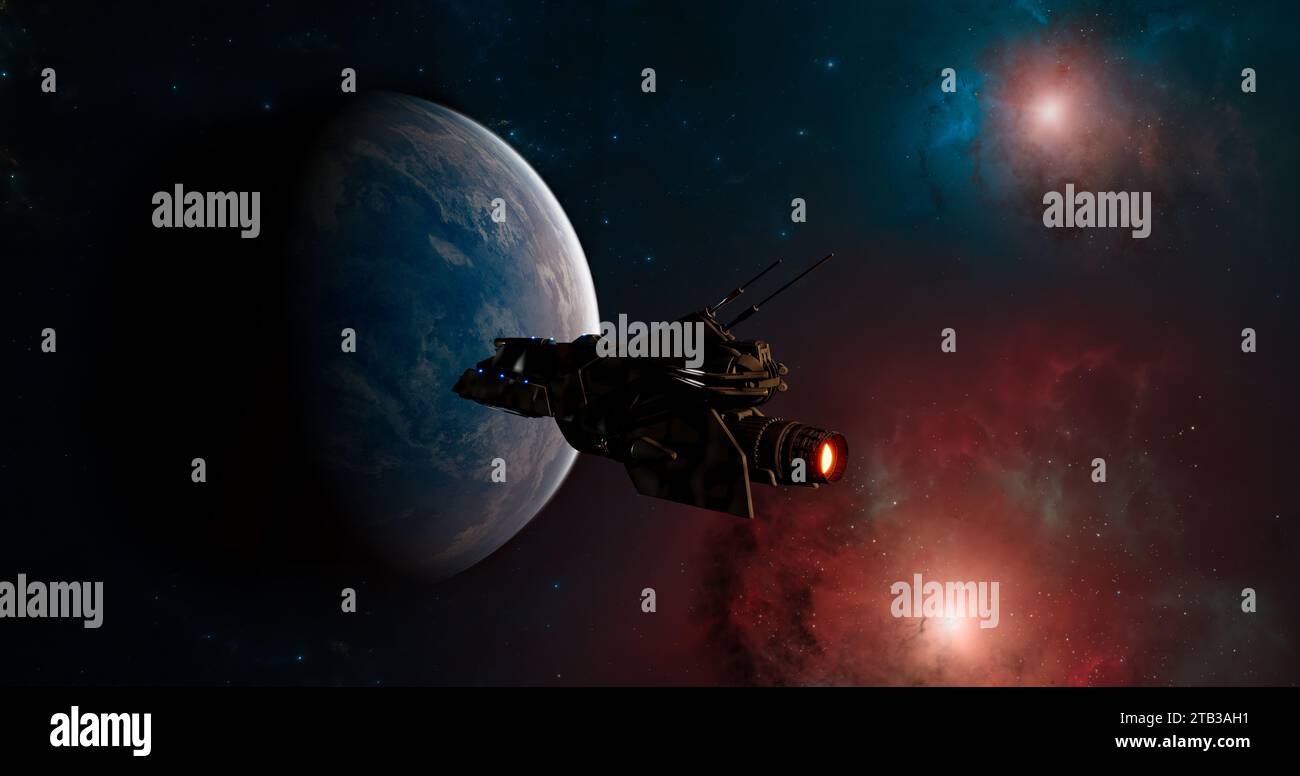 Spaceship traveling between planets of distant galaxies. Exploration of ...