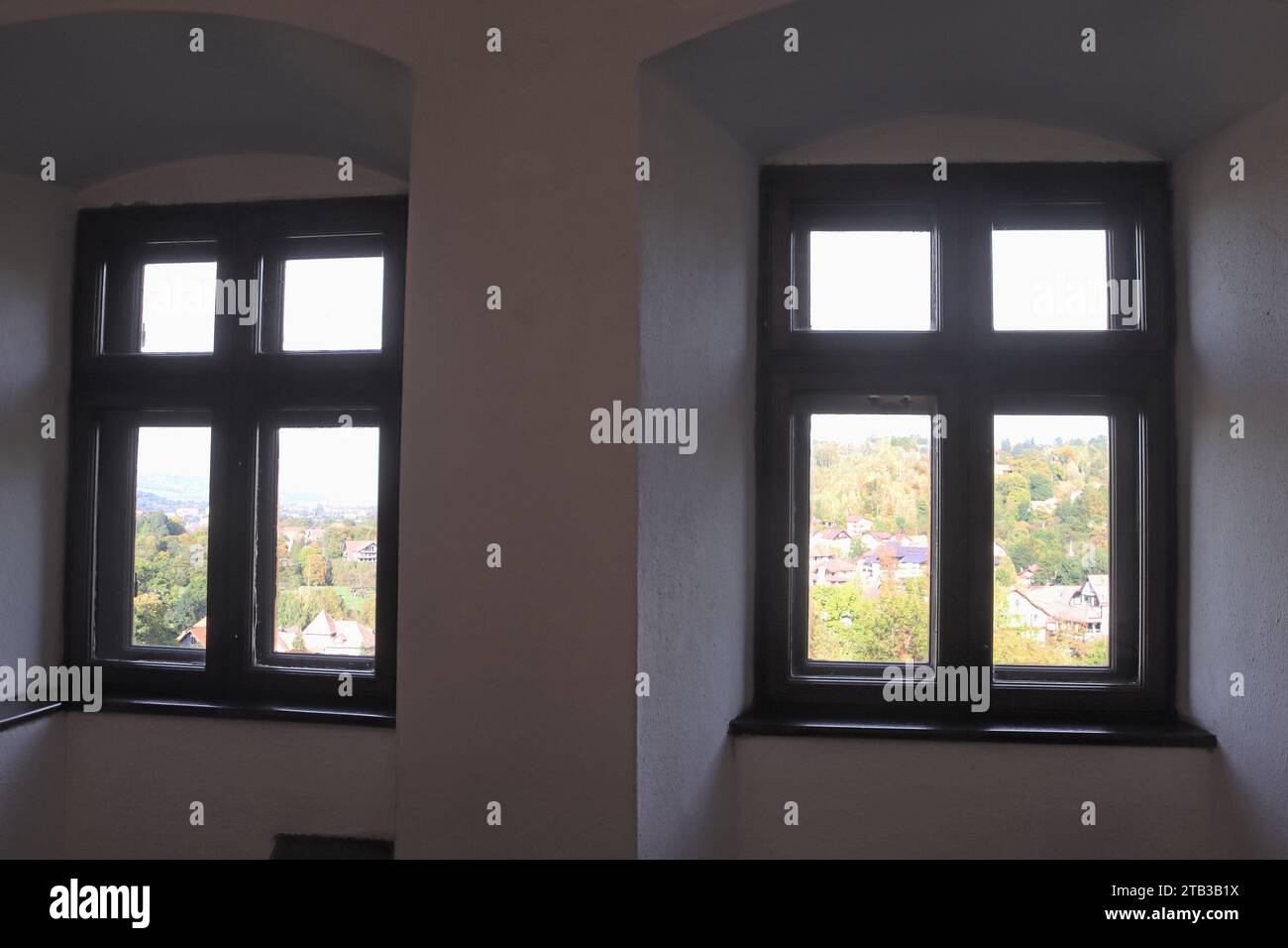 View from Bran Castle or Dracula Castle window to the village houses ...