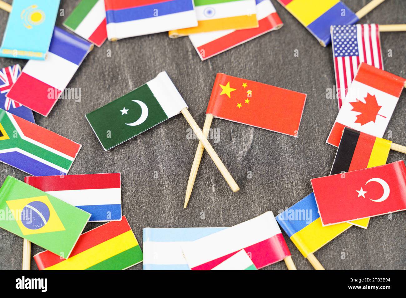 Policy. National flags of different countries. The concept is diplomacy ...