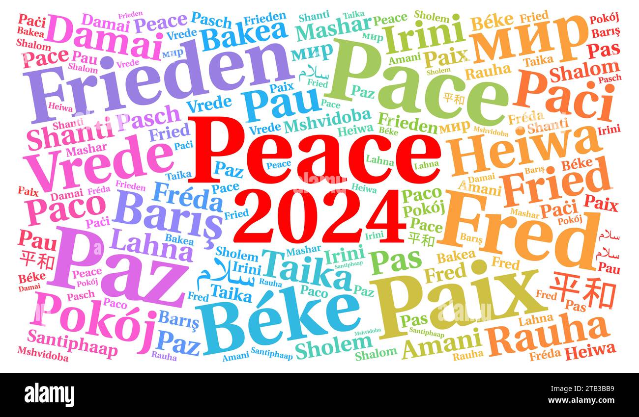 Peace 2024 word cloud in different languages Stock Photo - Alamy