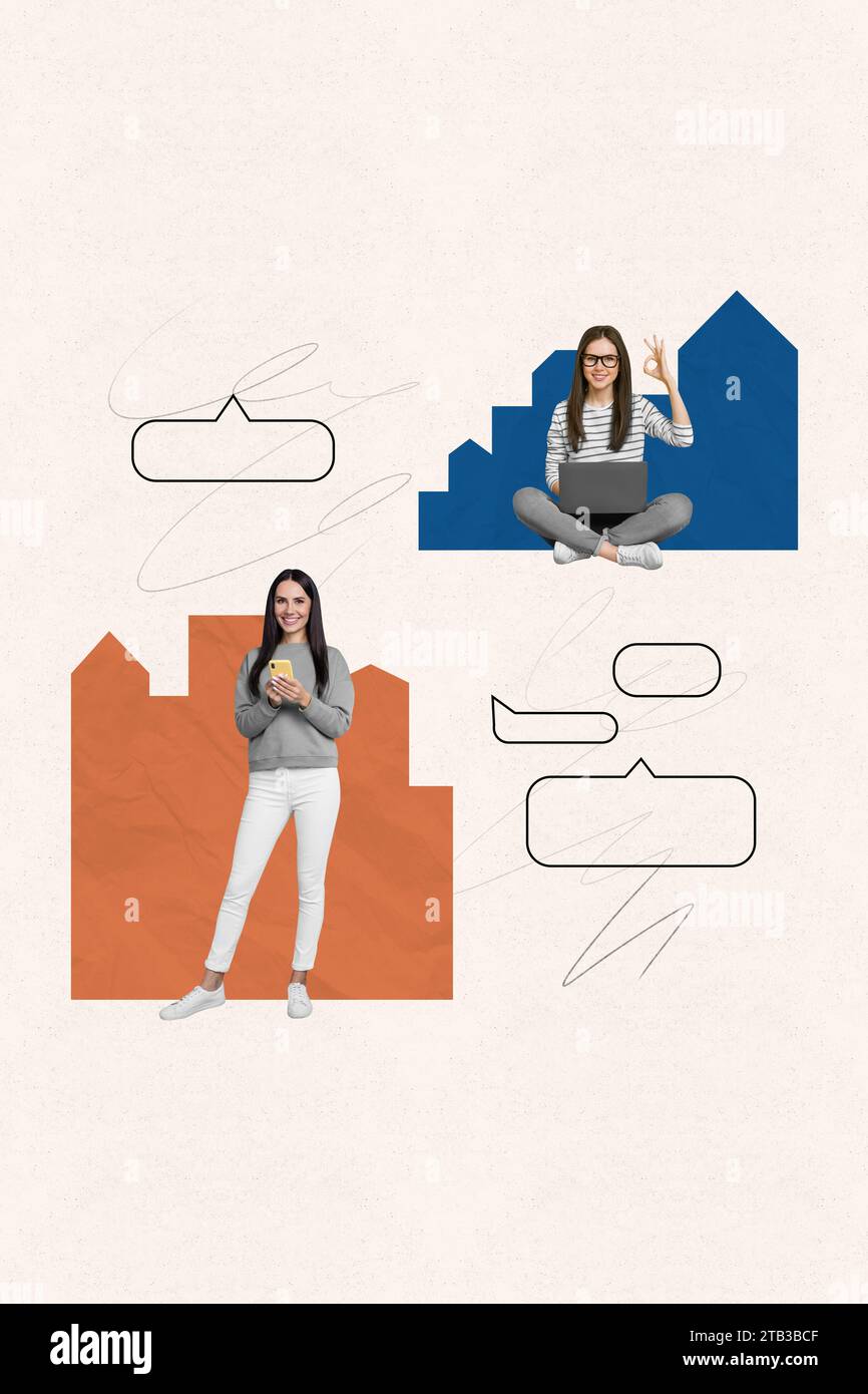 Vertical collage picture poster two remote young girls working distance ...