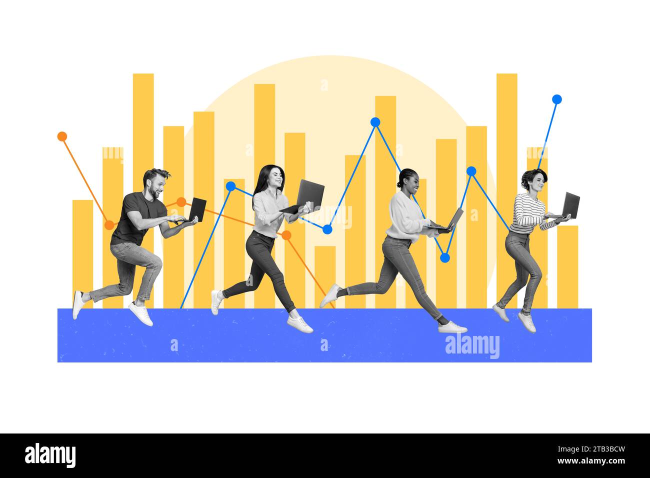 Creative collage sketch draw four people young smile man women run jump ...